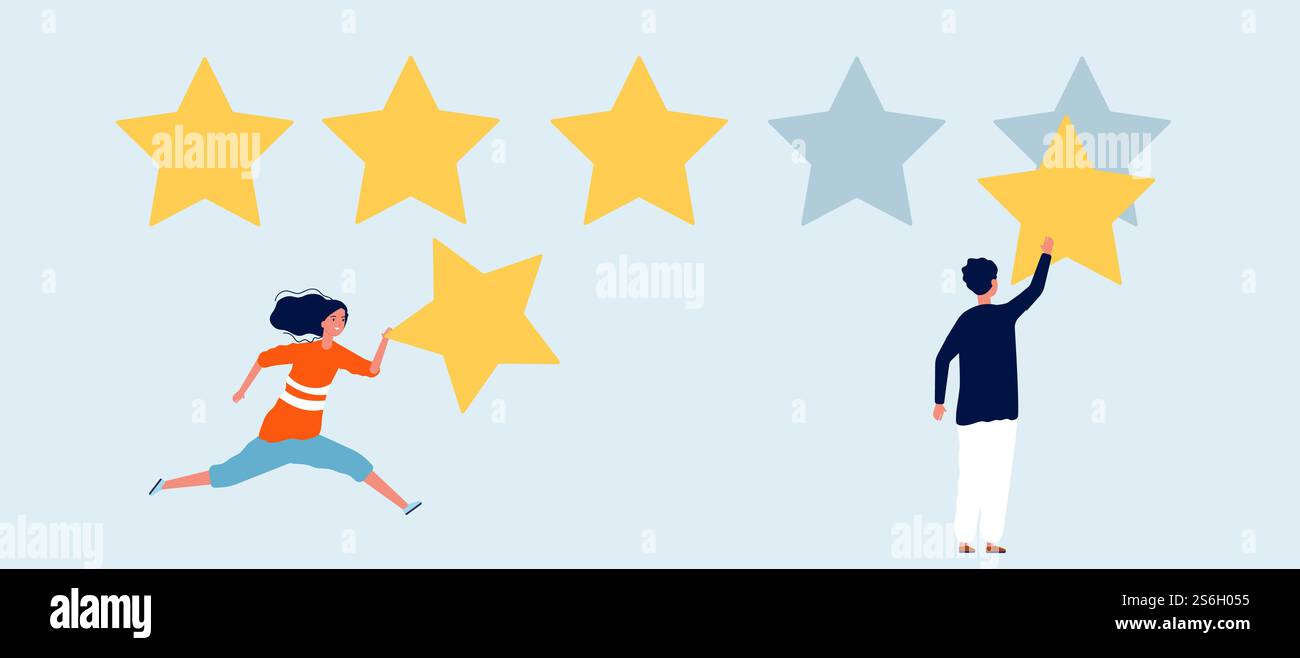 Five stars rating. Woman man with star, reviews. Marketing and social ...