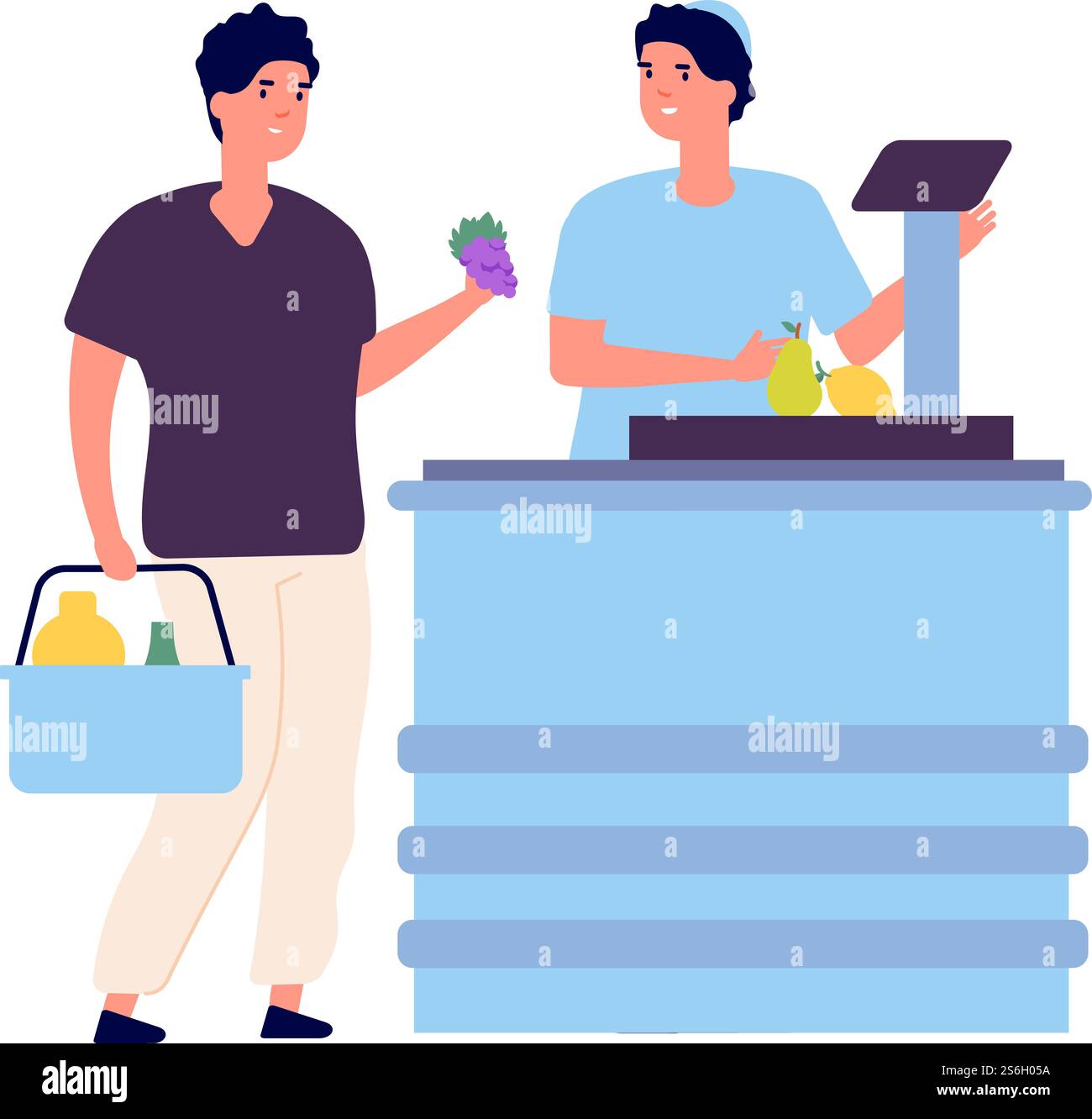 Man buy food. Market checkout, cashier and buyer. Grocery store flat ...