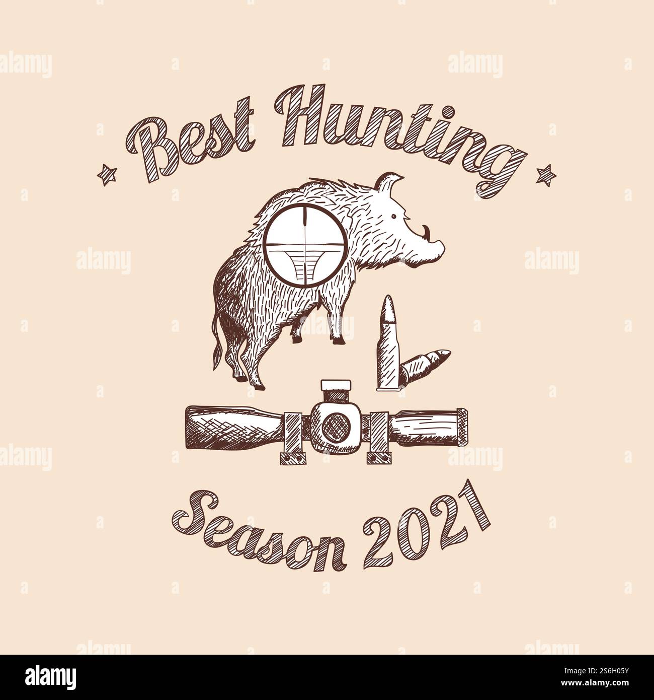 Hunting retro sketch design. Optical sight view on wild boar silhouette ...