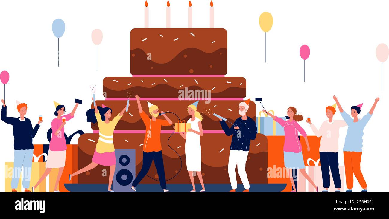 People with cake. Family celebration characters dancing and playing big ...