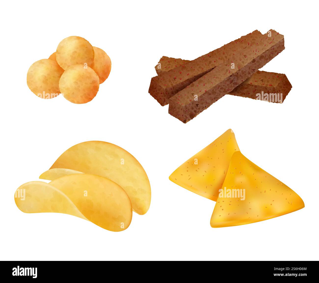 Snacks. Salty crispy junk fast food chips corn cookies vector realistic ...