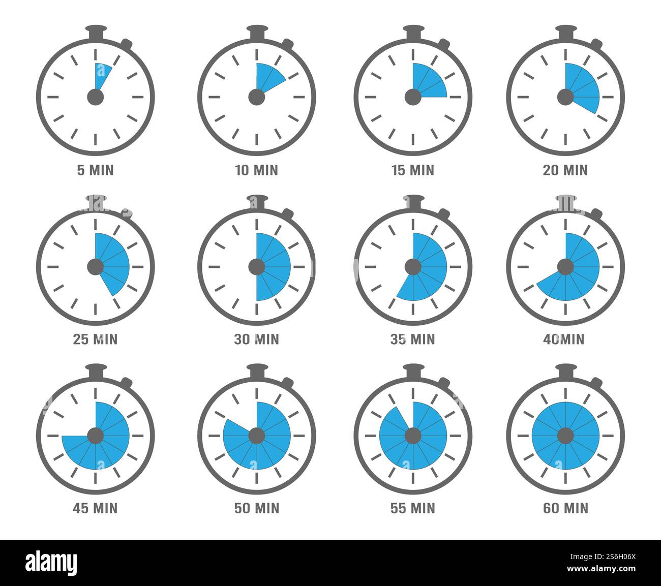 Clock symbols. Timers minutes and hours circle graph objects 5, 10 and ...