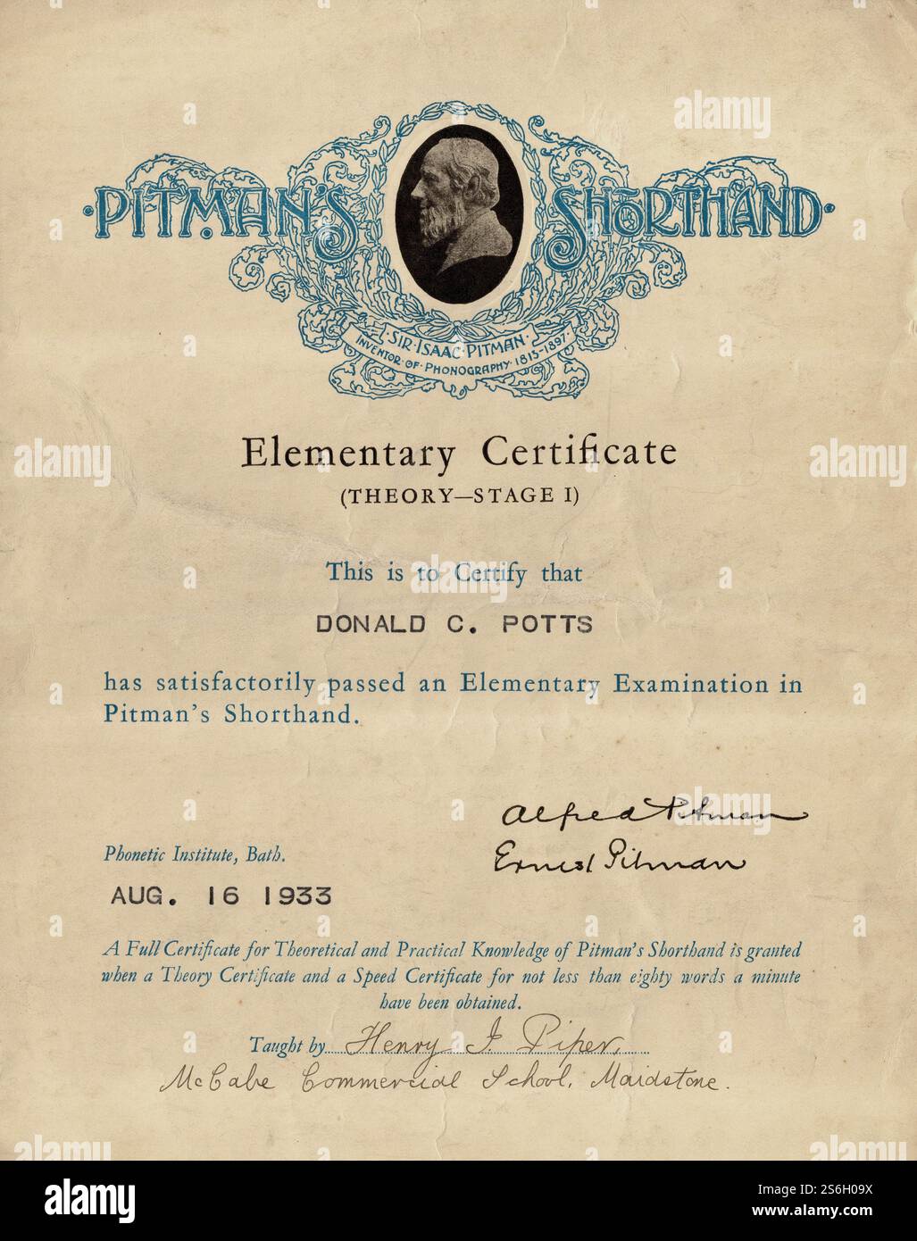 Pitman's Shorthand certificate issued to my dead Grandfather in 1933 Stock Photo - Alamy