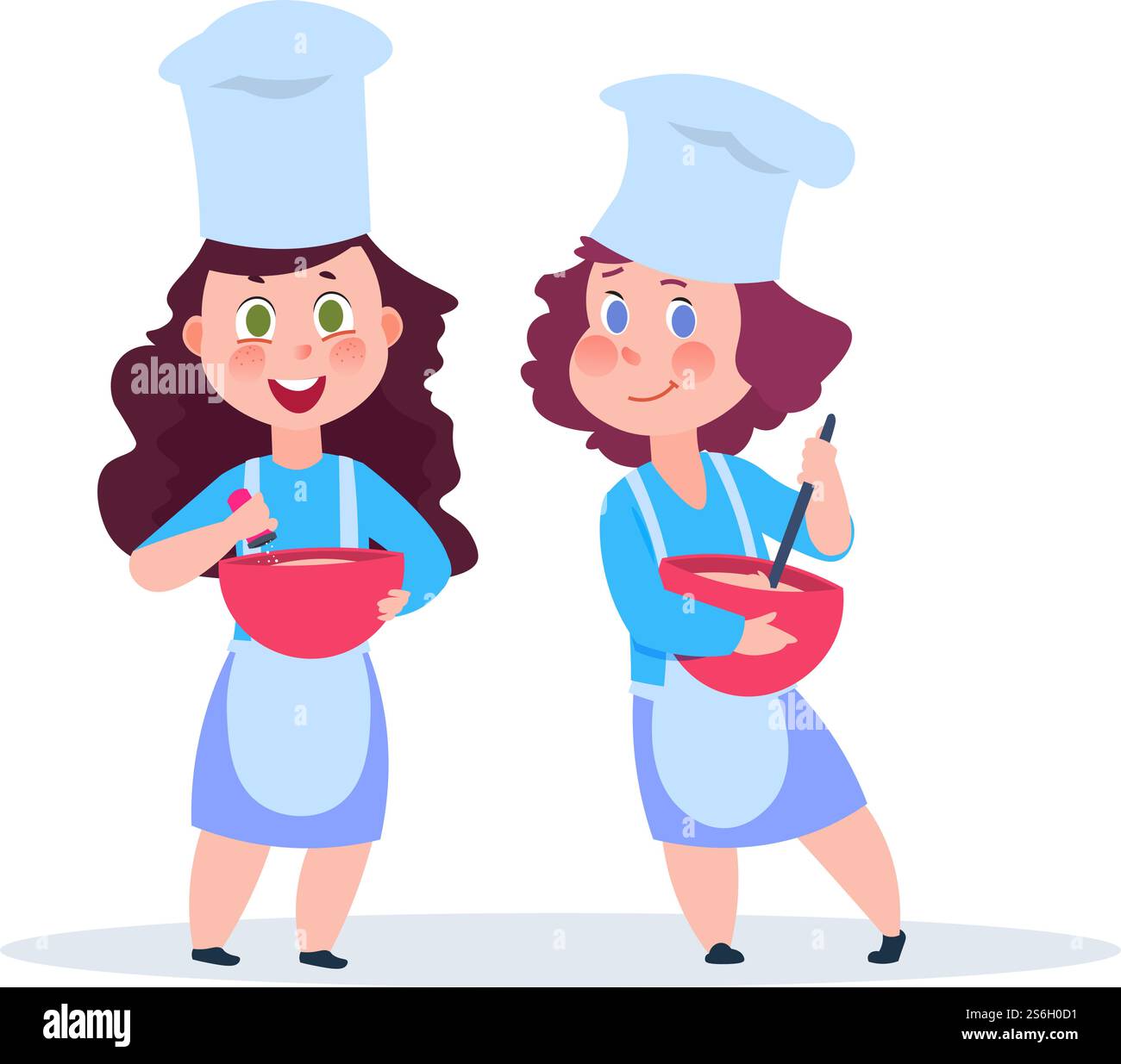 Cartoon chefs. Adorable female characters with plates. Young housewifes ...