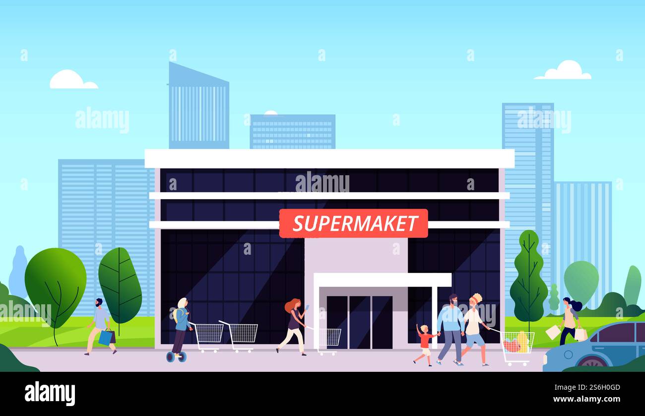 People going to supermarket. Mall street, food store and city landscape ...