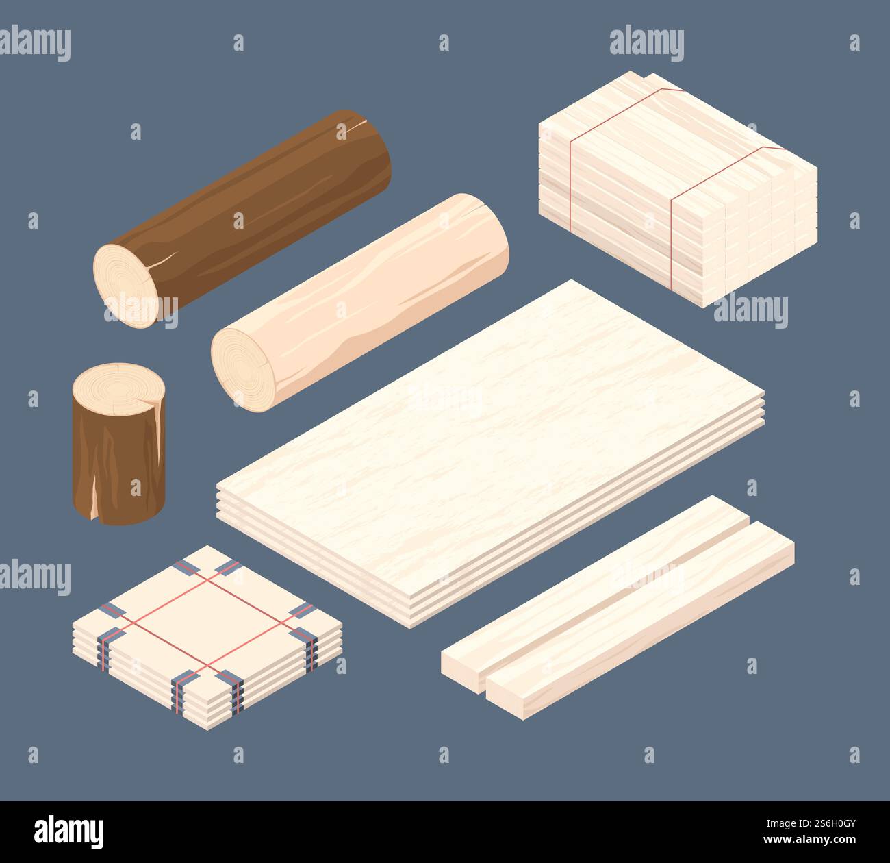 Wooden isometric. Set of stacked lumber branches pile logging timbers ...