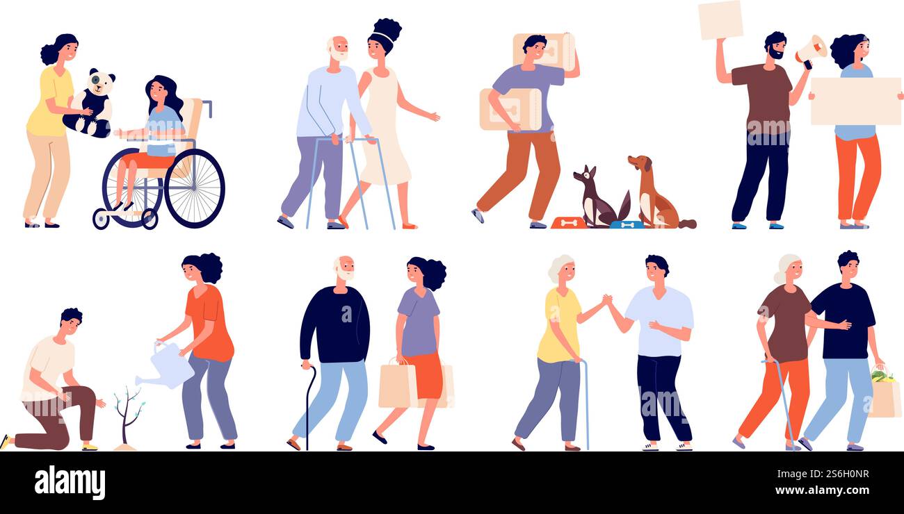 Volunteers helping. Helper groups, social organization worker. Charity ...