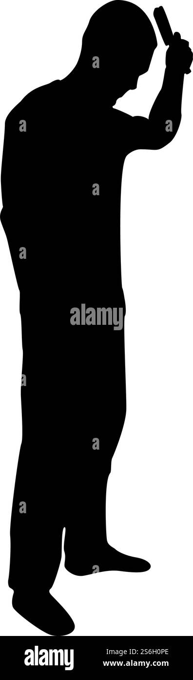 Silhouette man is combing hair use hairbrush side view black color ...