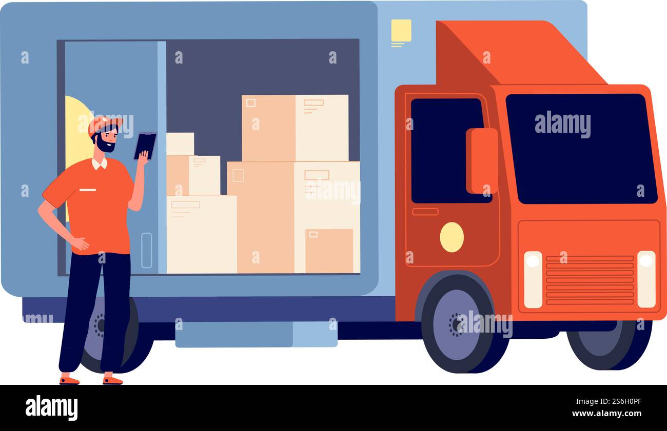 Courier. Smiling guy with package, delivery lorry. Logistic service ...