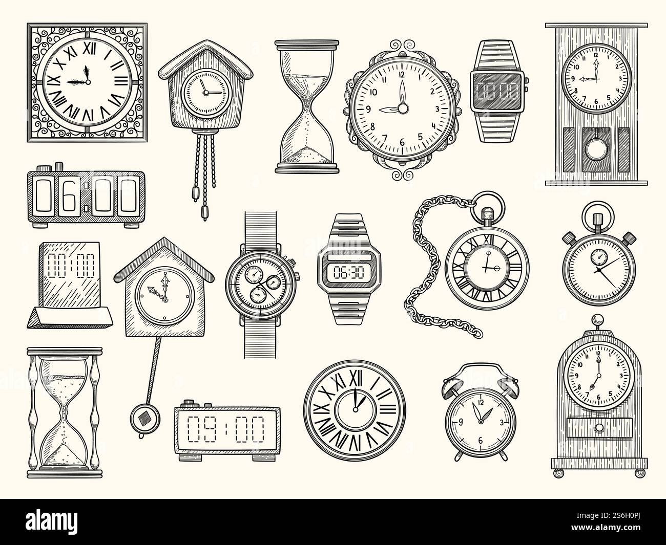 Watches set. Drawing clocks timers alarms vector pictures collection ...