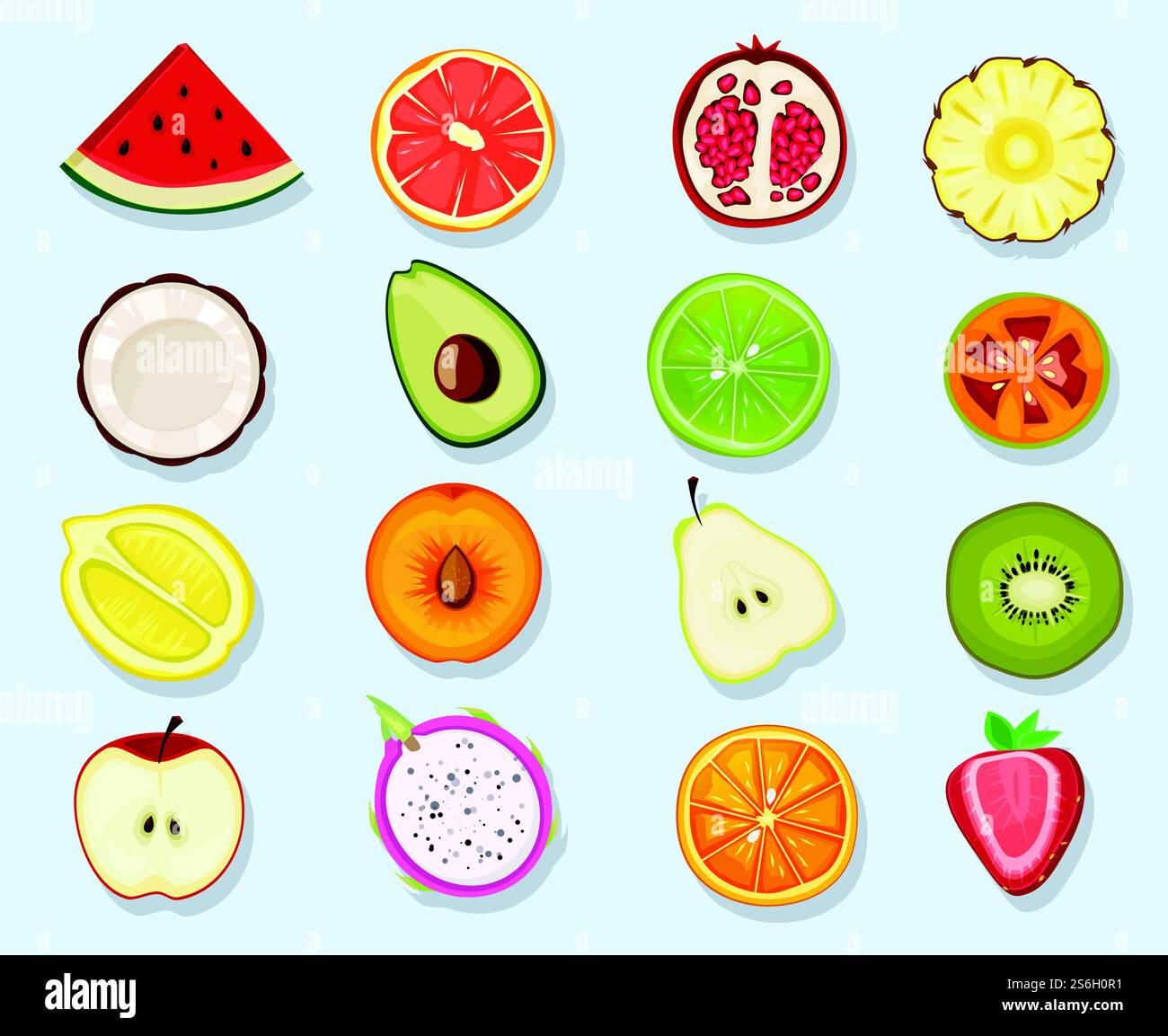 Half fruits circle icons. Cute cartoon healthy vegan natural products ...