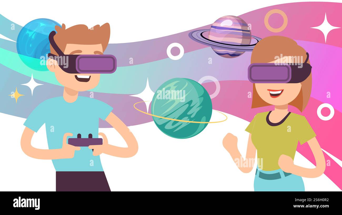 Virtual space travel. Man woman wear VR glasses, augmented reality game ...