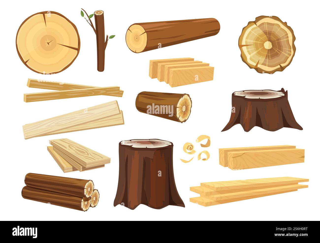 Wooden Industry Lumber Trunks Stacking Log Vector Forestry Objects