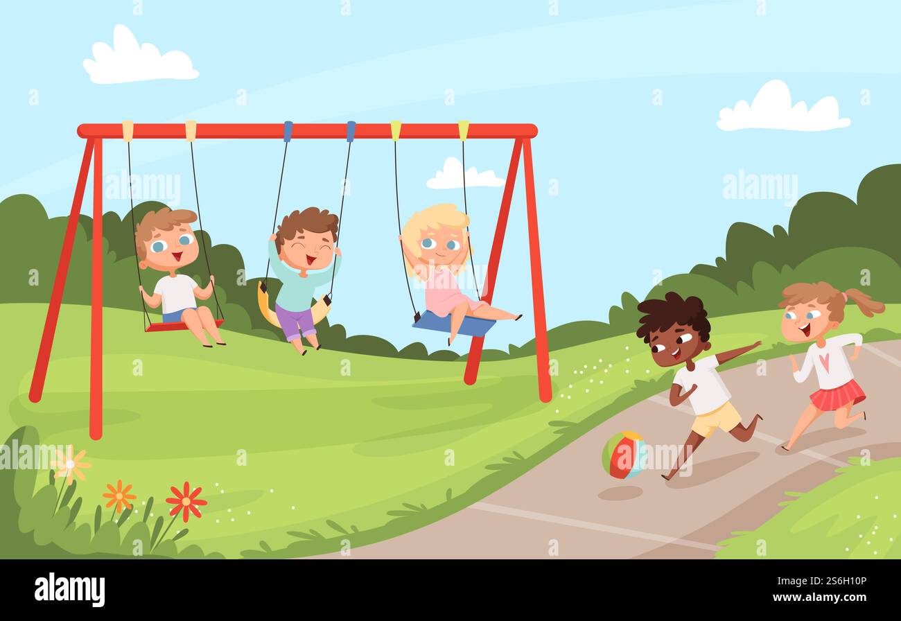 Kids swing rides. Outdoor happy walking and playing childrens nature ...