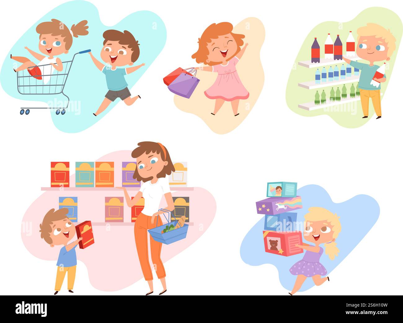 Kids shopping. Children playing in grocery market fashioned family ...