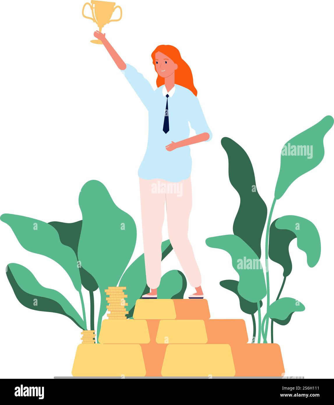 Woman winner. Businesswoman on pedestal with golden cup. Victory vector ...