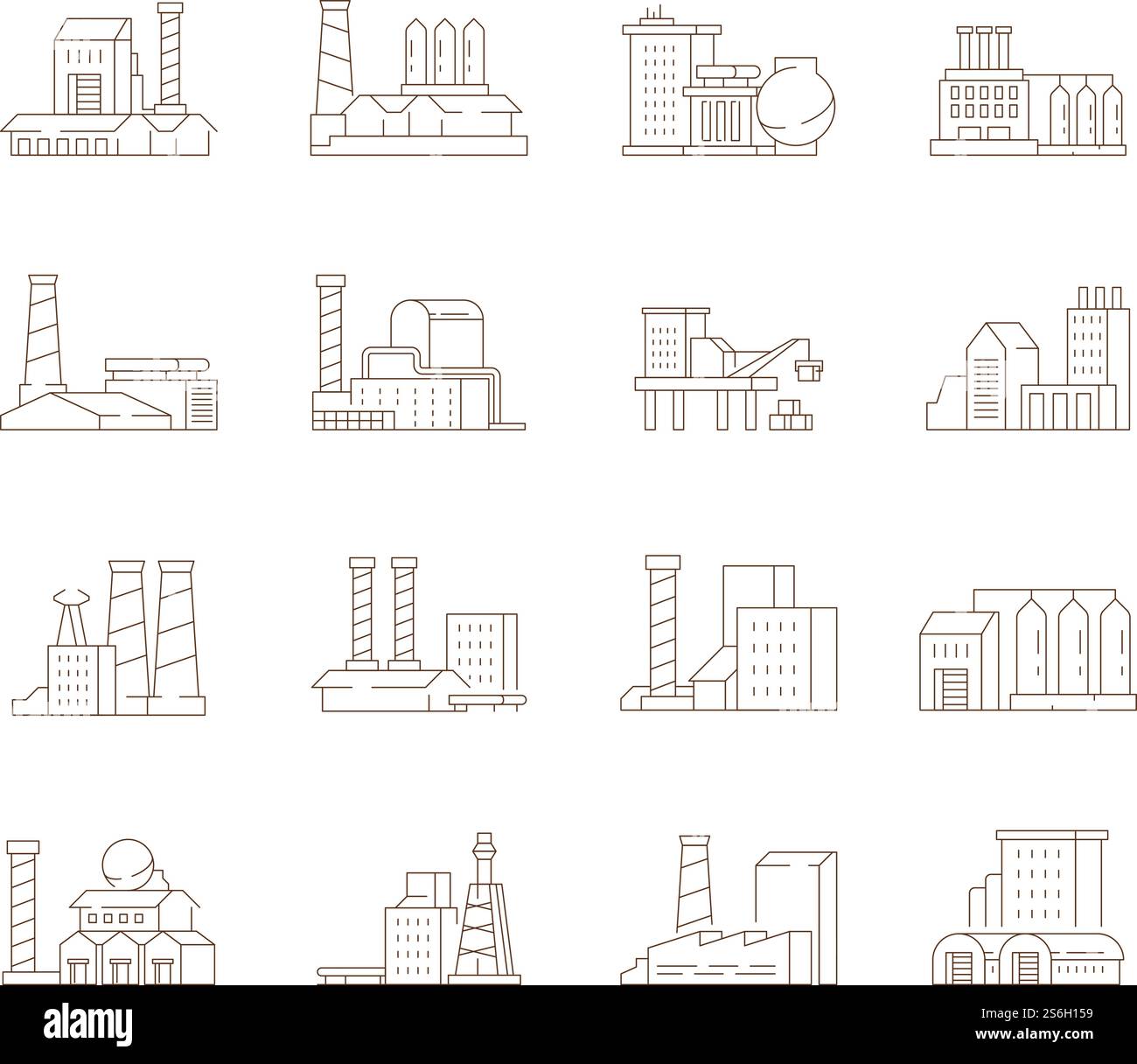 Factory symbols. Industrial city smoke pipe energy production buildings ...