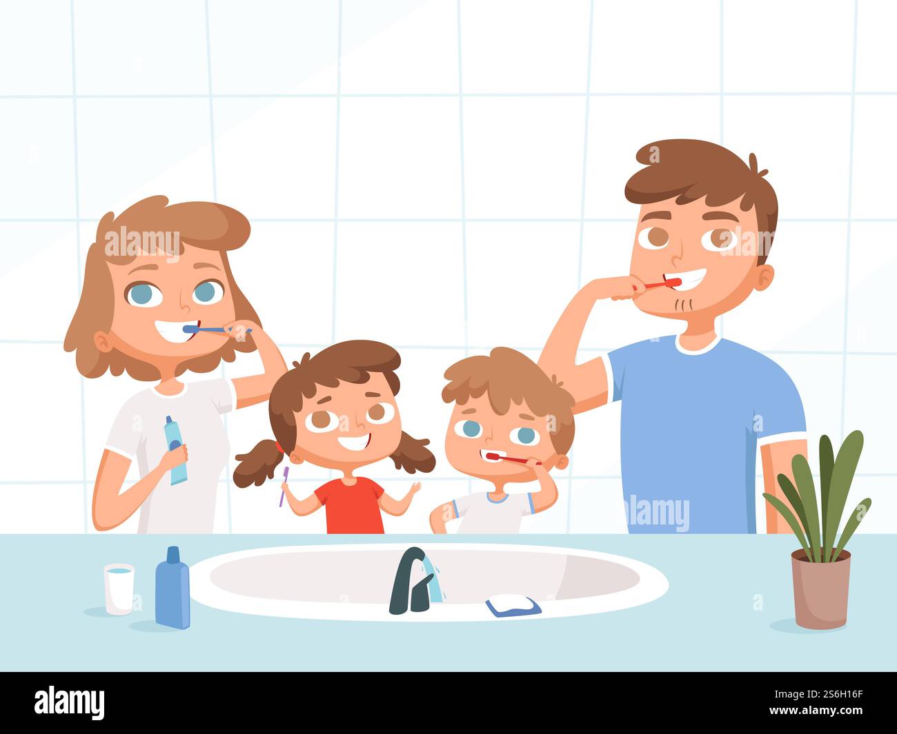 Kids with parents washing. Teeth brush sink toilet daily routine dental ...