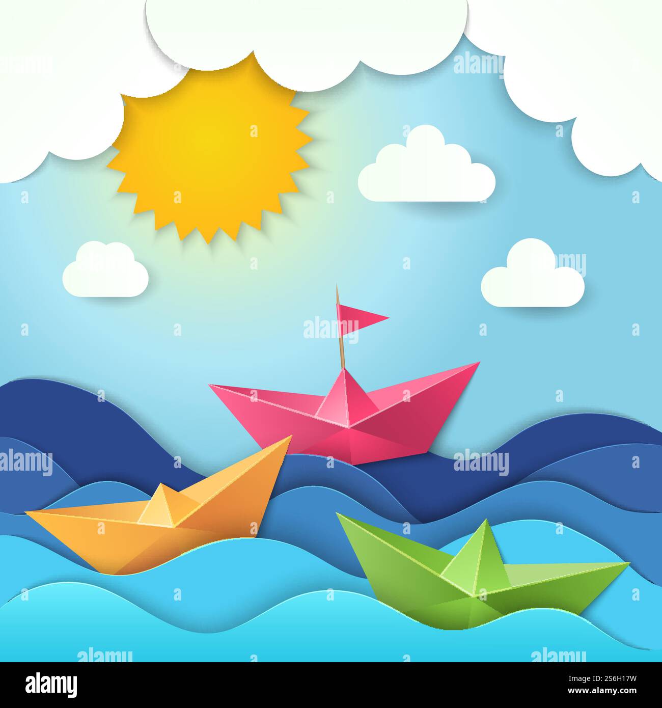 Origami boat. Cut paper ocean waves shadows vector ship stylized ...