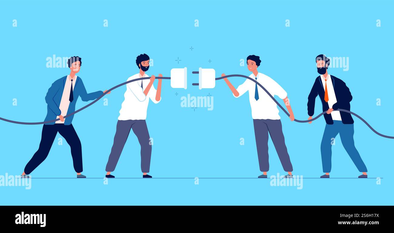 Team connected plug. Business people connecting different connectors ...