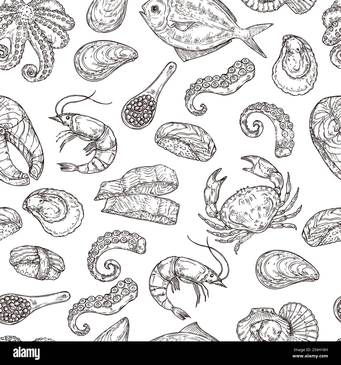 Seafood pattern. Hand drawn ink sea life. Sketch japanese food ...