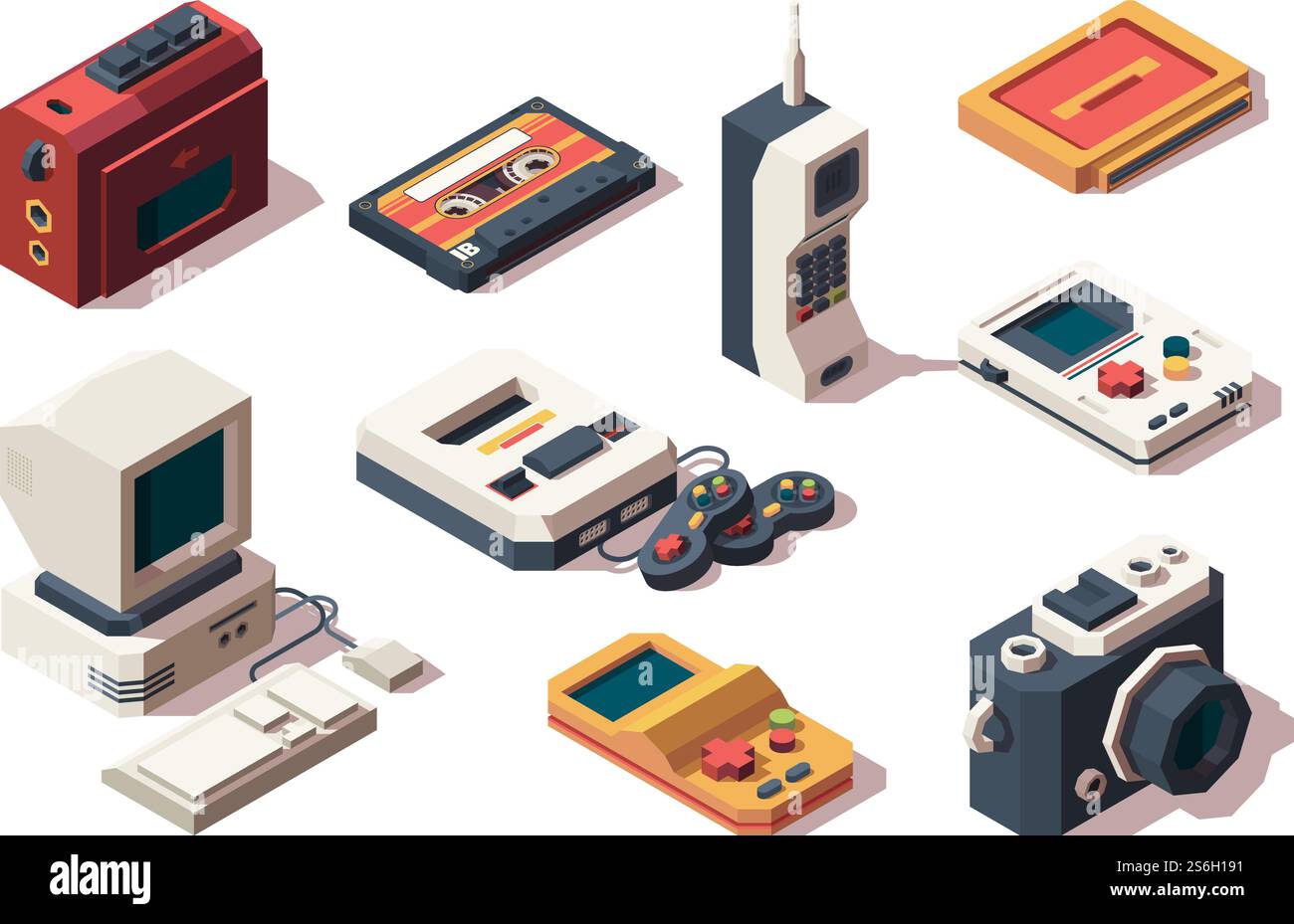 Retro devices. Cell phone old smartphone cameras photo vhs music and ...