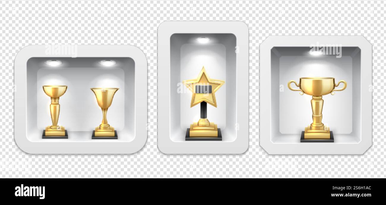 Golden cups. Awards stand, light boxes. Gallery of Victory, realistic ...