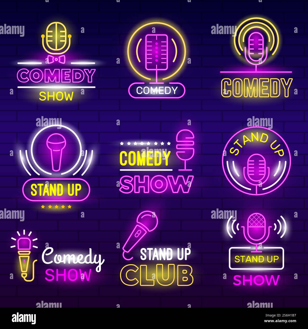 Standup show. Retro microphone comedy club neon logotypes comedian ...