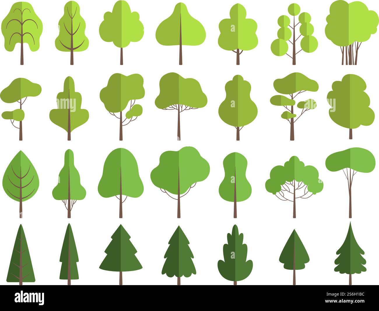Flat green trees. Nature plants clean shaping forms vector collection ...