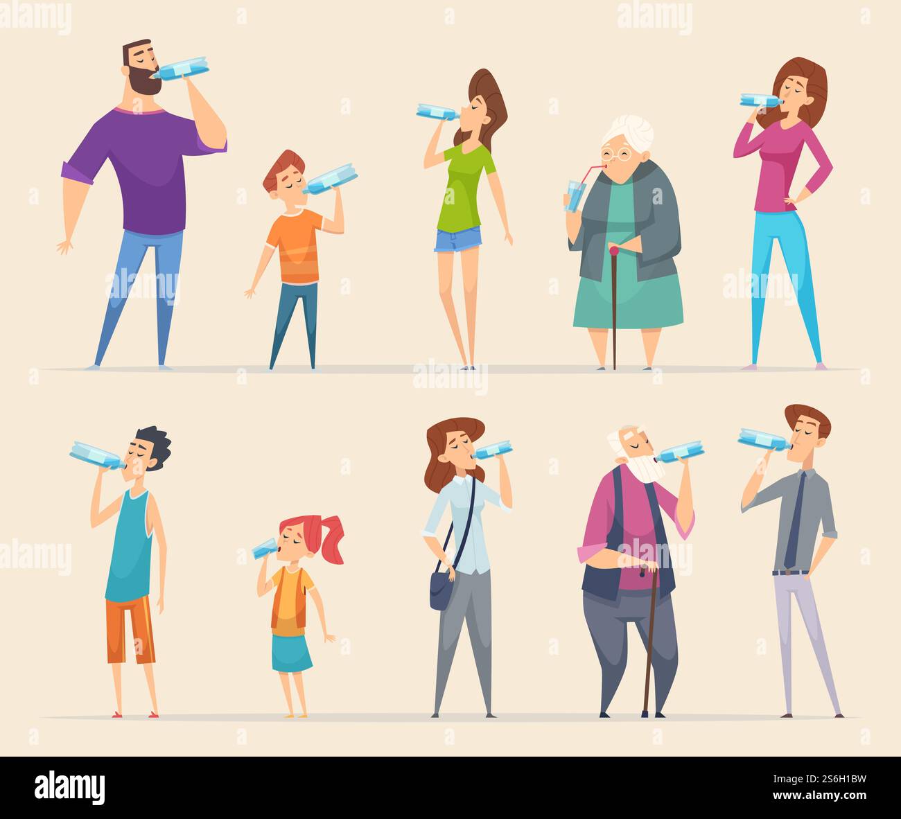 People water drinking. Young persons male female and kids eating ...