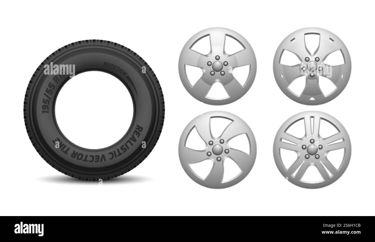 Car rims and tire. Isolated realistic rubber wheels. Vehicle service ...