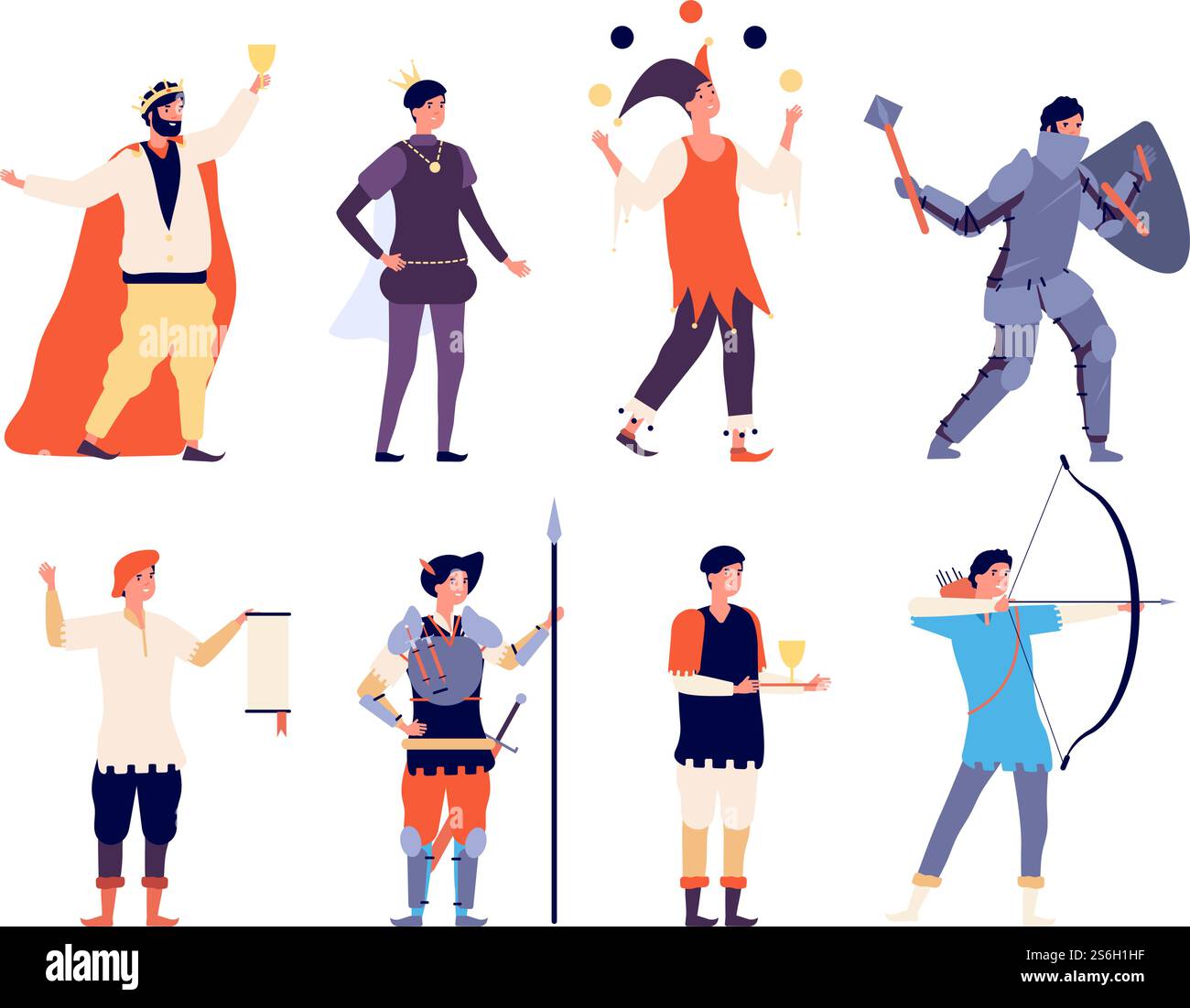 Male medieval characters. Flat king, prince jester knight. Isolated ...