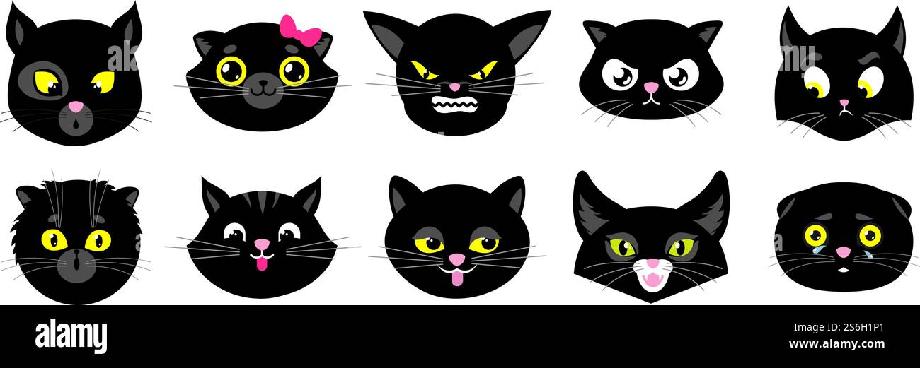 Black cats faces. Isolated flat kittens, halloween cat avatars ...