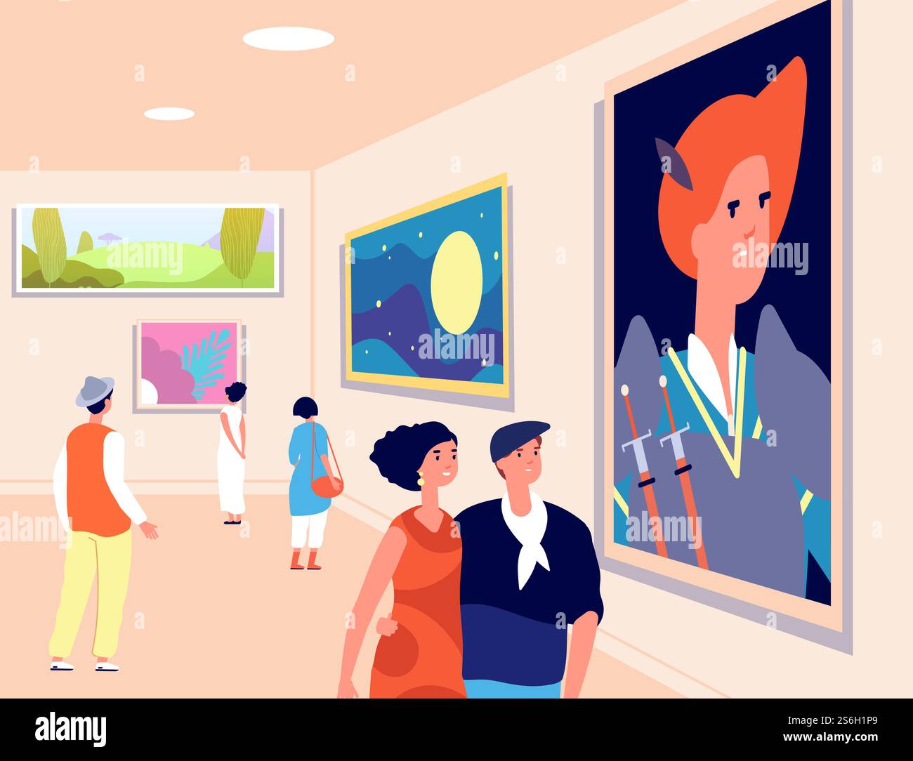 Art museum. Modern artist exhibition, contemporary gallery. People ...