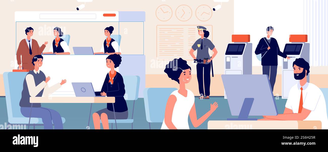 Clients in bank office. Modern finance service department, face id ...