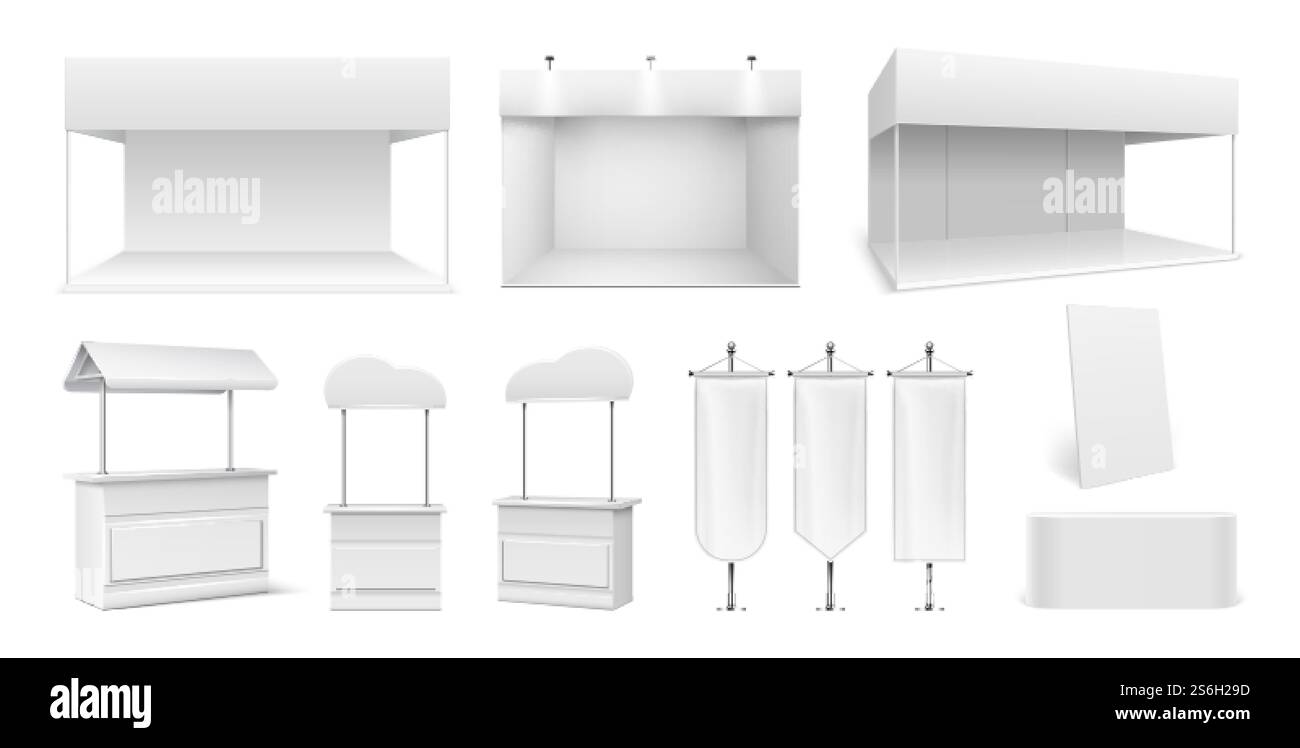 Realistic promo stands. Empty tents, white panels and display. Showroom ...