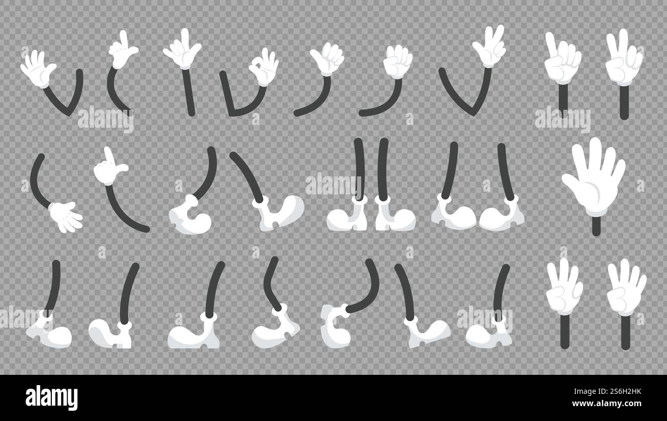 Cartoon comic legs and hands. Cute arm in white gloves and feet in ...