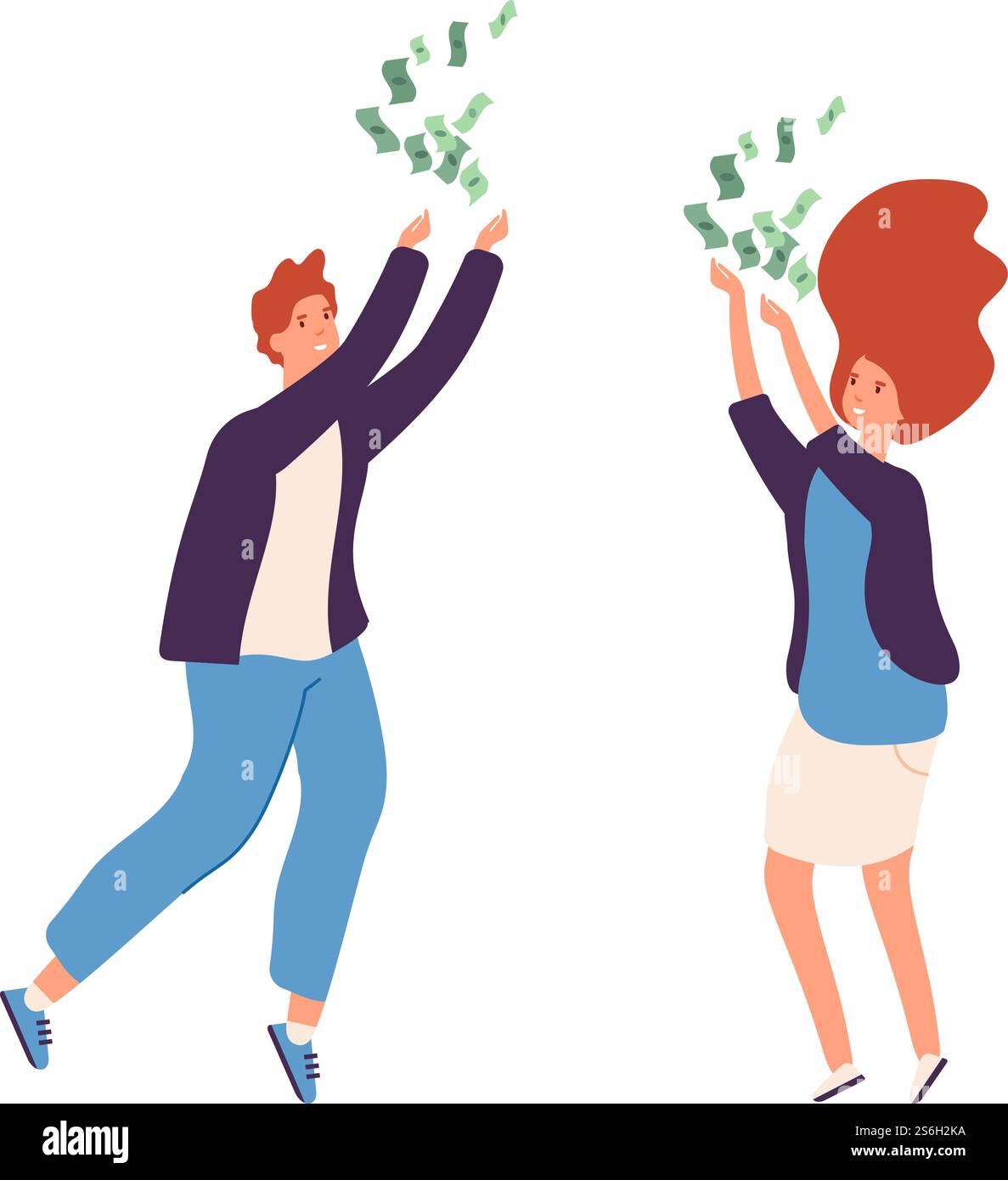 Rain from cash. People rejoice in wealth, man woman happy characters ...