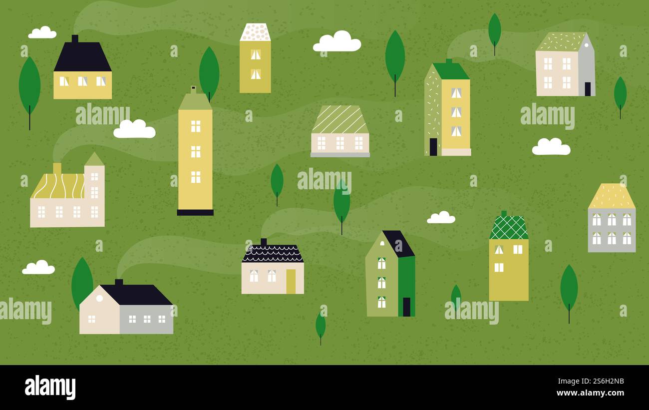 Summer village landscape. Cute tiny houses, rural panorama background ...