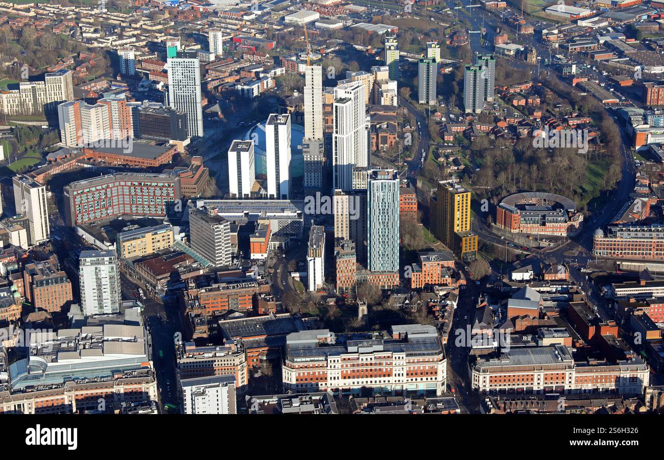 2025 aerial view of Leeds city looking north from The Headrow up Vicar ...