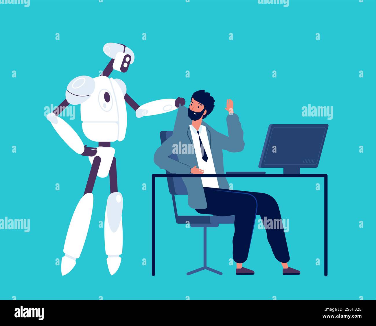 Android and human. Robot kick away business person from office workspace artificial intelligence ...