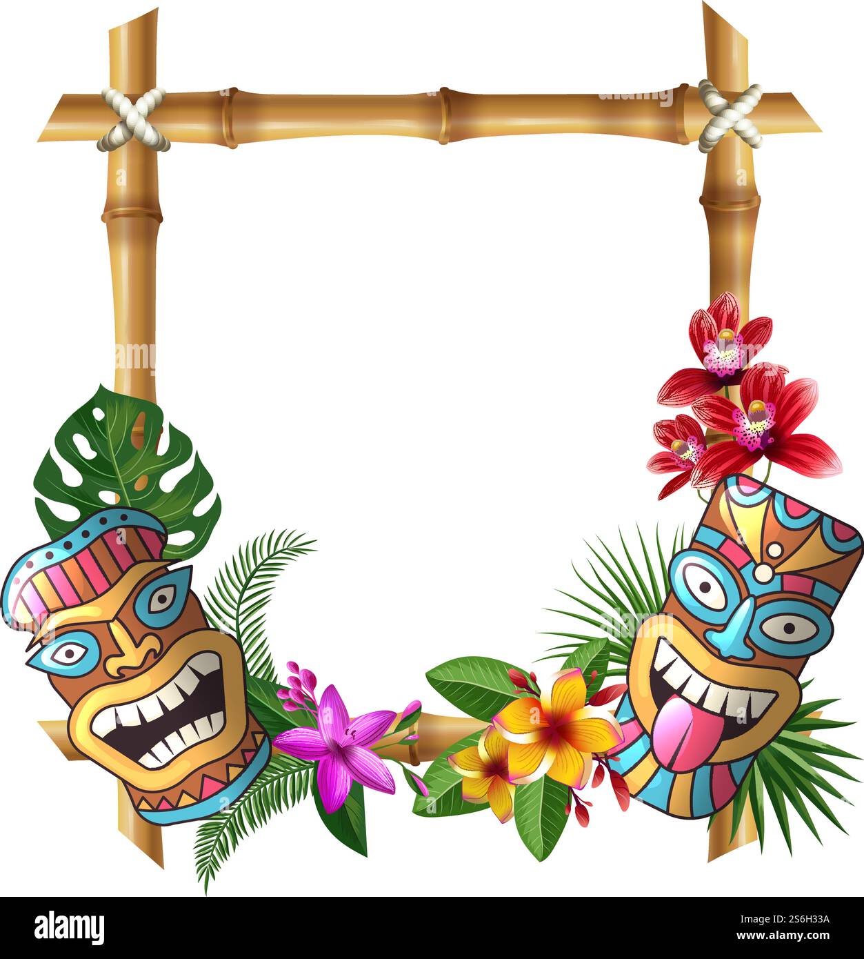 Tiki mask and frame. Hawaii authentic background bamboo square sticks ...