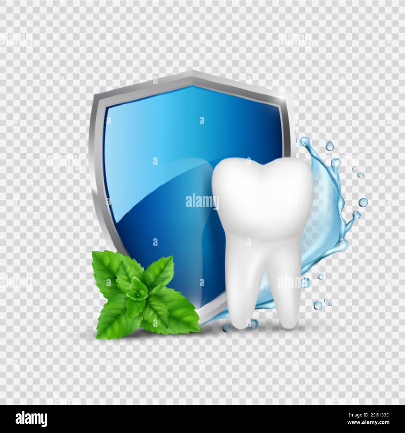 Tooth protection. White tooth, shield and mint, water splash. Dental ...