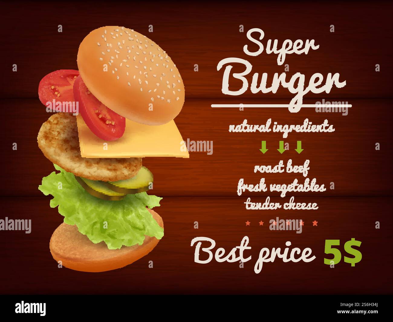 Fast food poster. Hamburger flying delicious ingredients meal ...