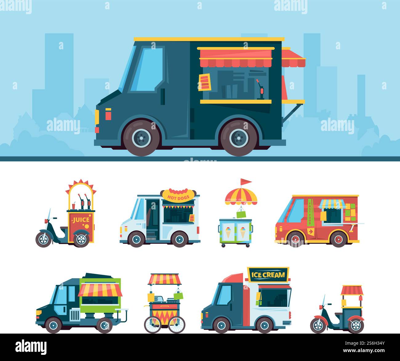 Food truck set. Delivery cars festival transport hawkers products ...