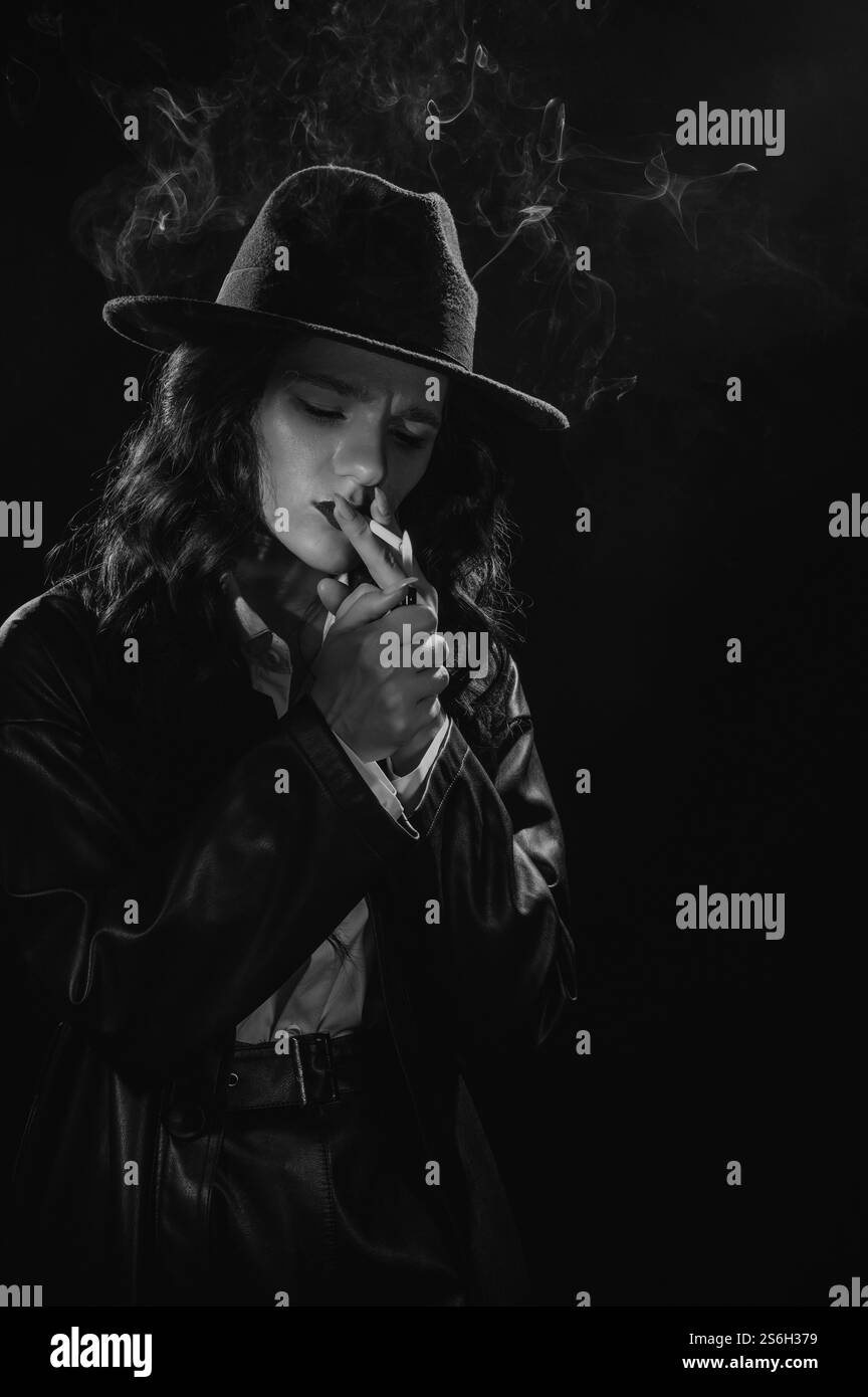 Dark noir portrait of a female detective lighting a cigarette. Private ...