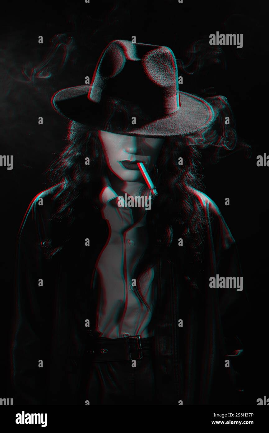 Dark noir portrait of a female detective lighting a cigarette. Private ...