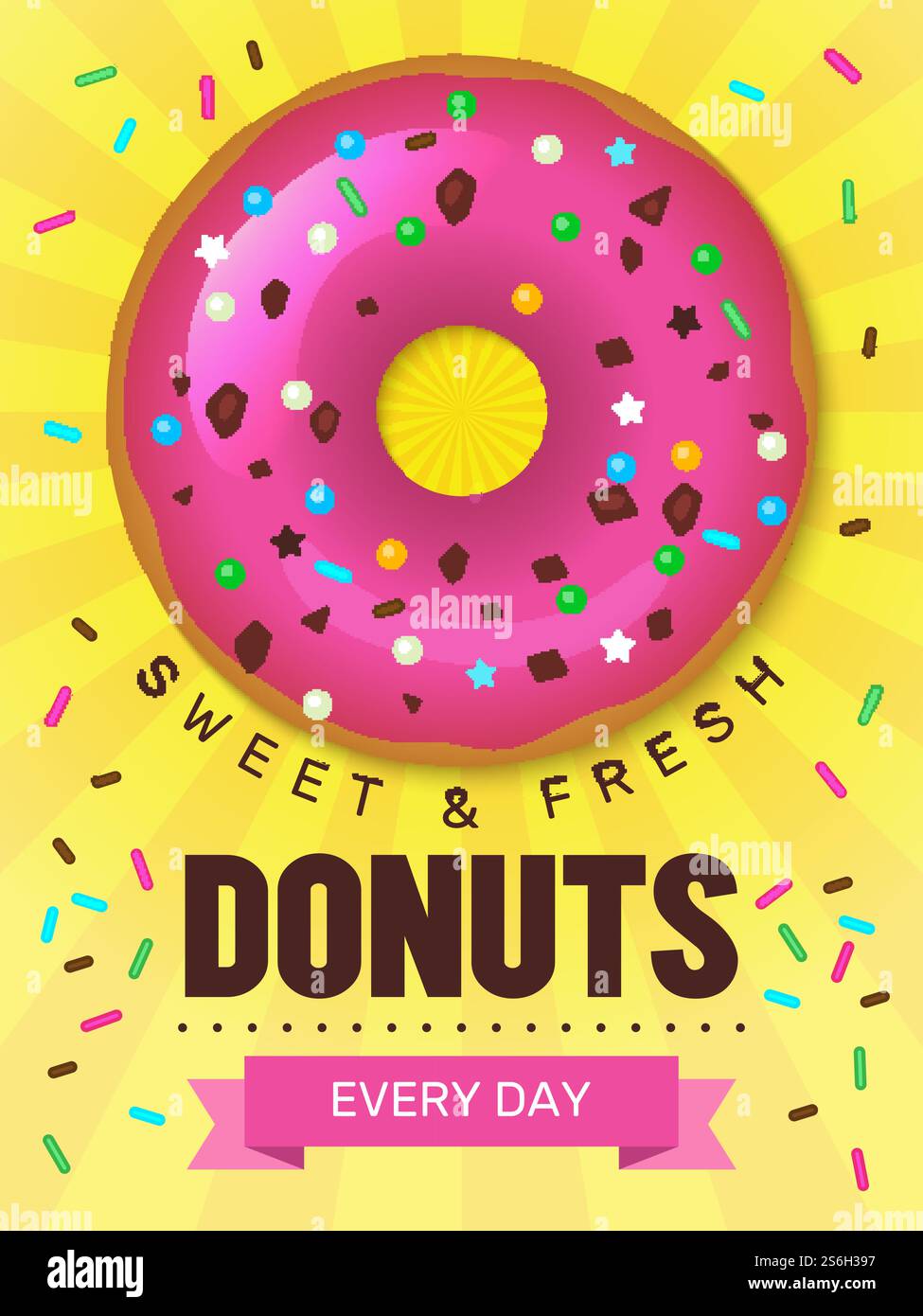 Tasty food poster. Donuts placard design with breakfast colored food ...