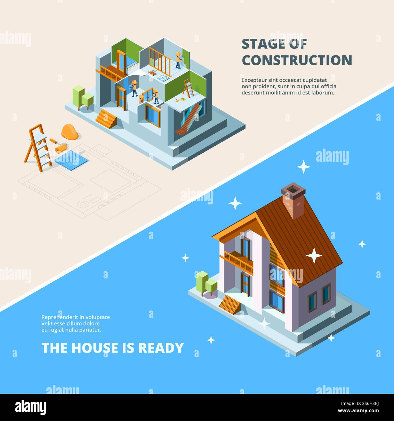 House construction. Repair roof renovation building vector isometric ...