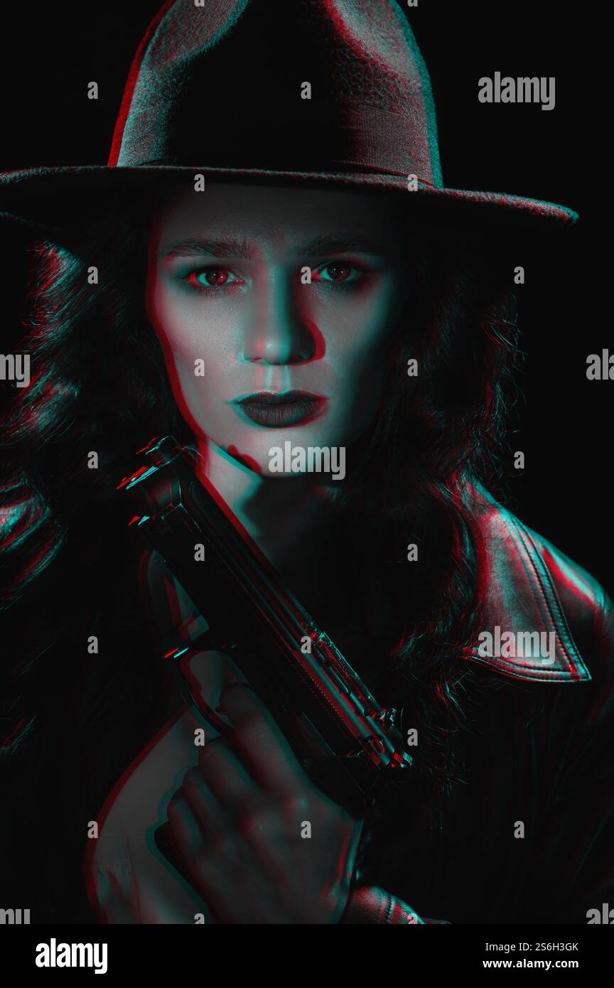 Close-up portrait of a female detective in a coat and hat with a gun in her hands. black and ...